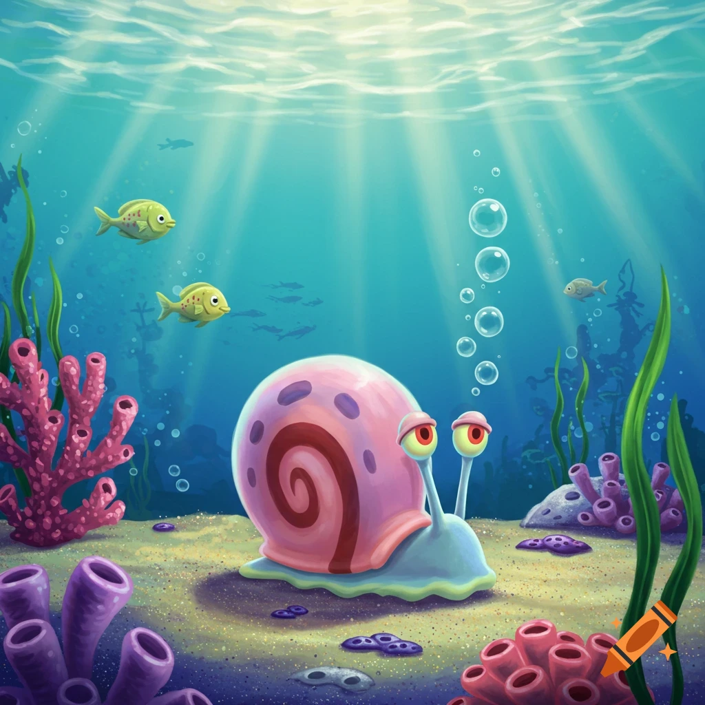 A cartoon snail with a pink shell and red eyes on the sandy ocean floor ...