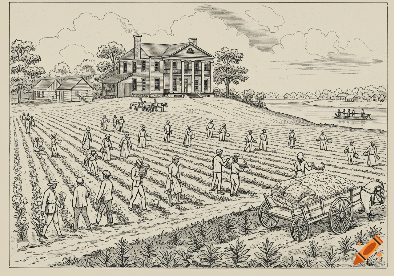 Line art of a Southern plantation with enslaved African laborers ...
