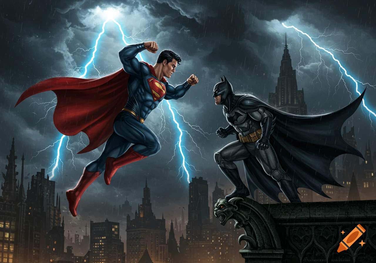 Superman and Batman face off in a stormy Gotham city with lightning ...