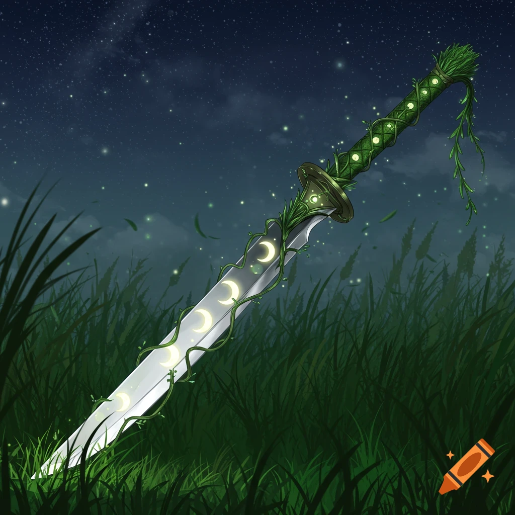 A fantasy sword with a vine-wrapped hilt and glowing moon symbols on ...