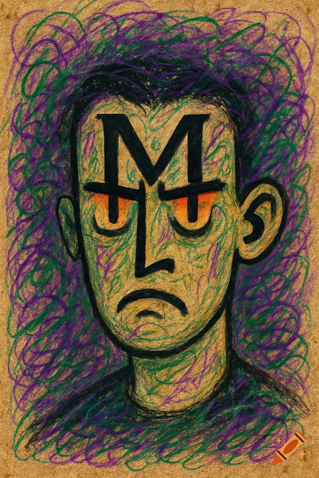 Abstract, angry self-portrait with facial features formed by stylized ...