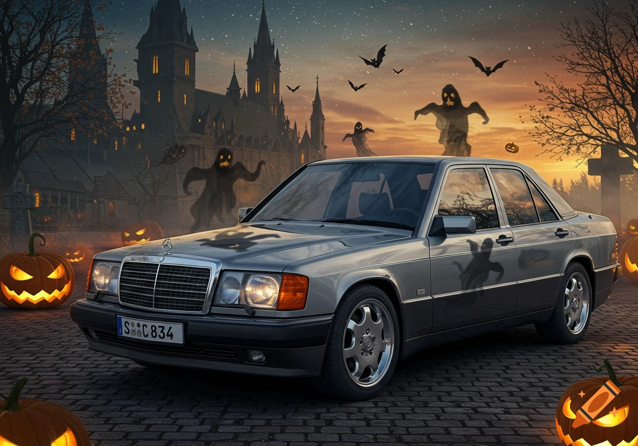 A silver Mercedes-Benz car parked on cobblestones in front of a spooky ...