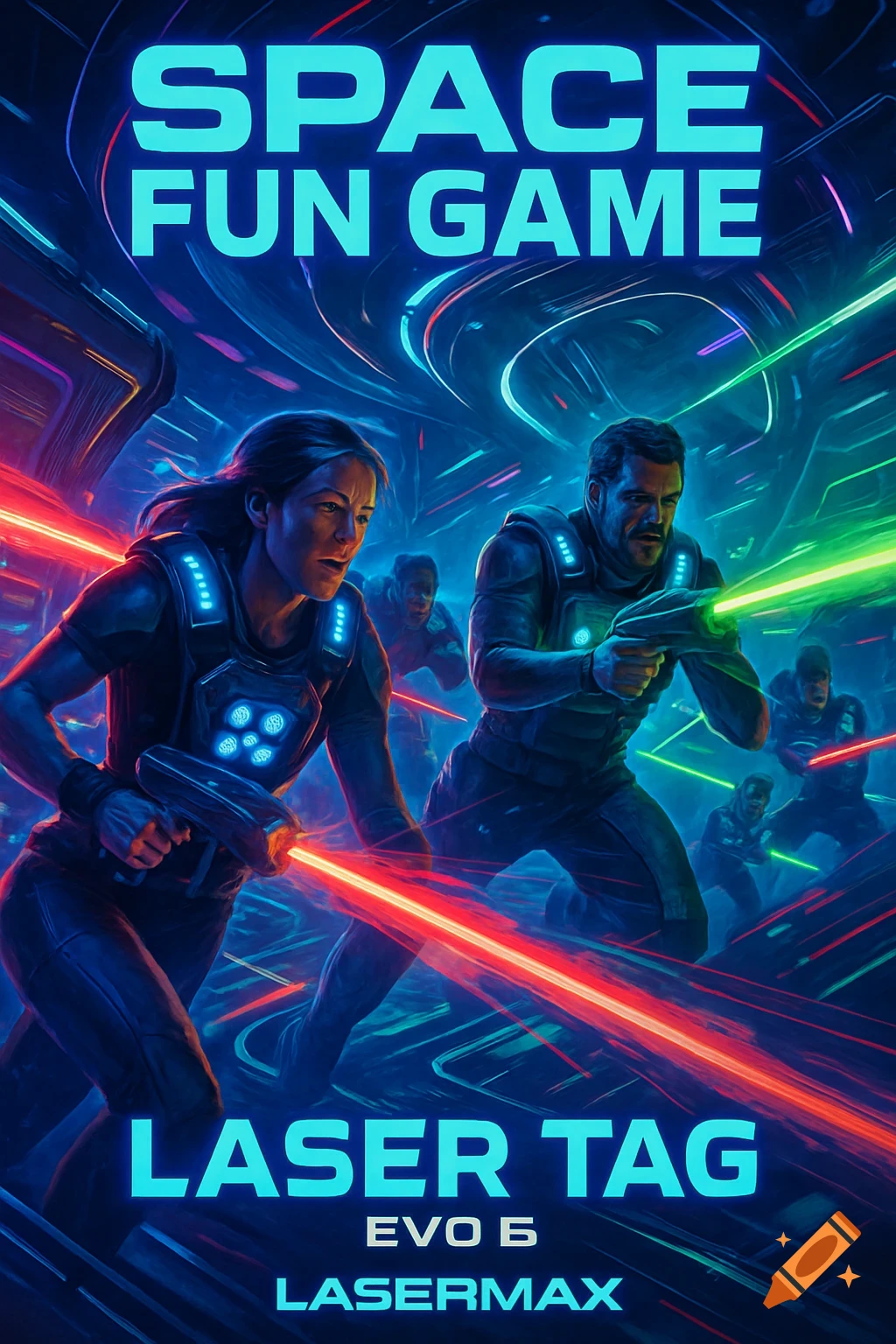 A dynamic digital art poster for 'SPACE FUN GAME LASER TAG' featuring ...