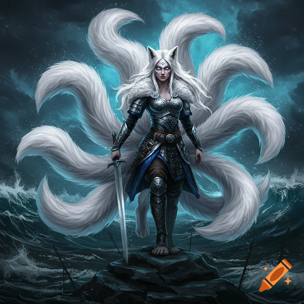 A white nine-tailed fox warrior woman in intricate armor stands on a ...