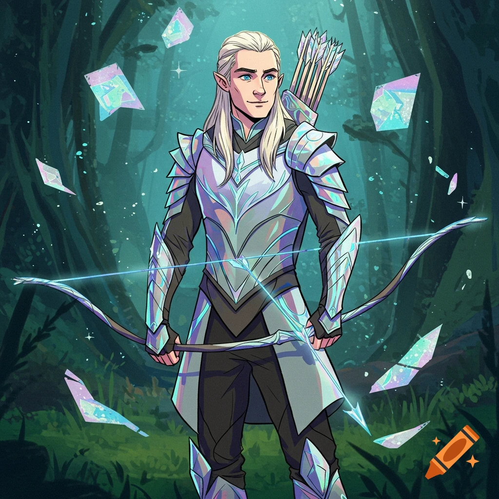Cartoon illustration of an elf archer in iridescent armor standing in a ...