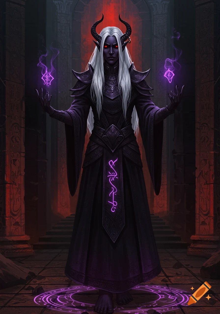 Dark fantasy Drow acolyte with white hair and horns in a purple ...