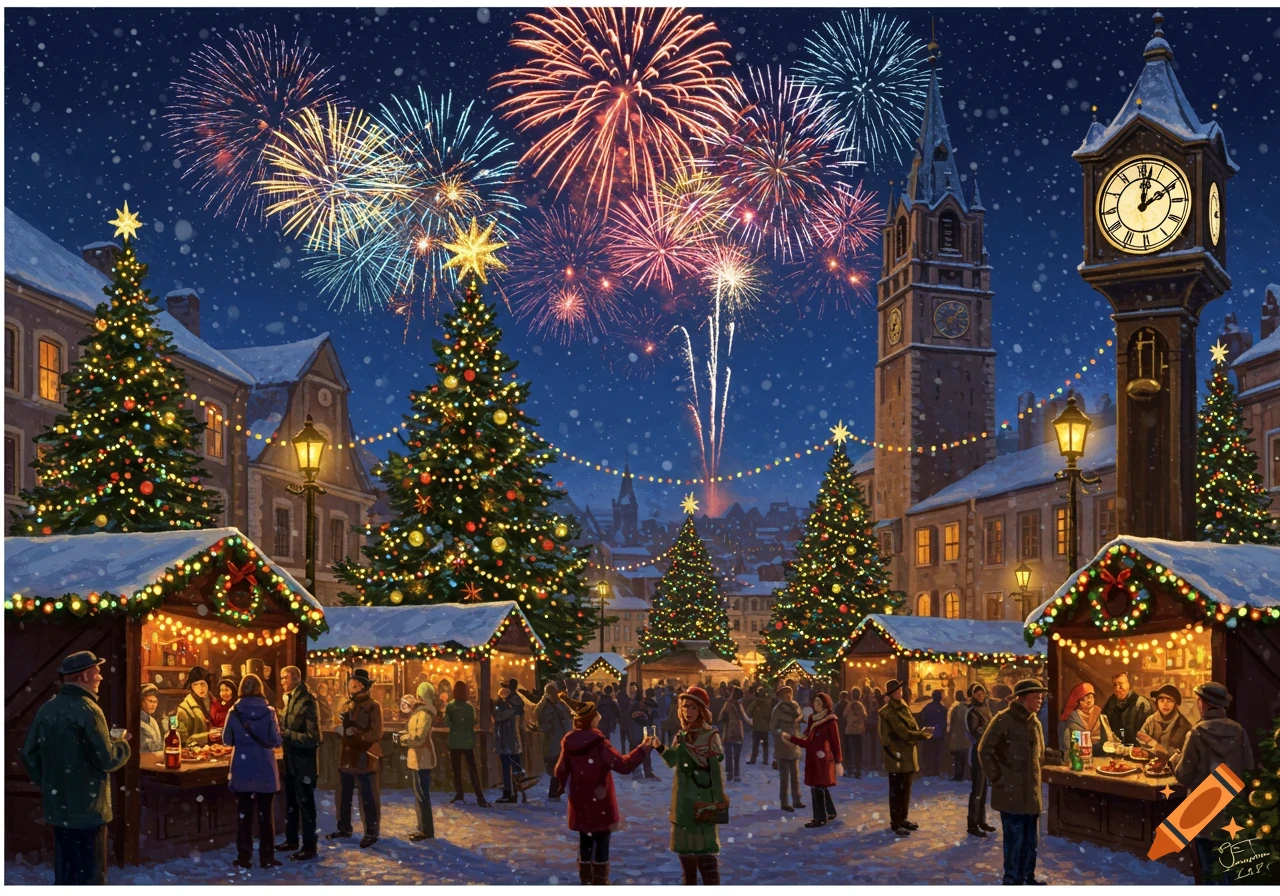 A festive winter market scene at night with people, decorated Christmas ...