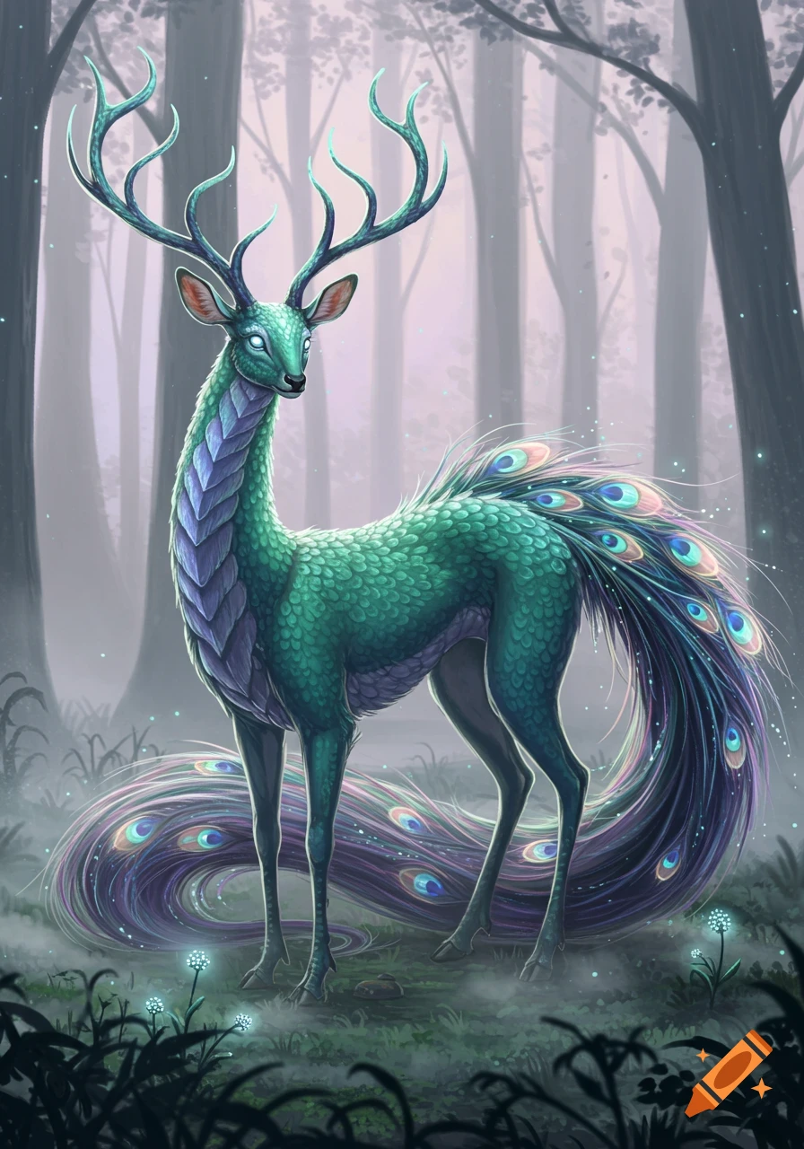 A majestic green deer-like creature with peacock feathers and glowing ...