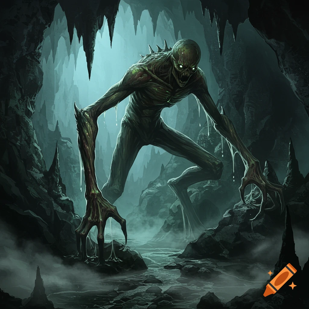 A tall, gaunt, green-skinned monster with glowing eyes and long, clawed ...