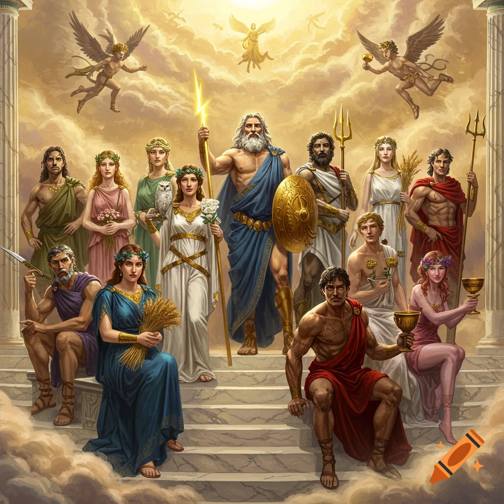 A pantheon of Greek gods and goddesses, including Zeus, stand and sit ...