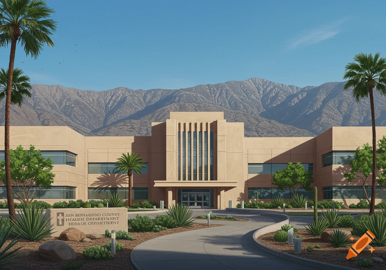 A tan building with palm trees and desert landscaping in front of large ...