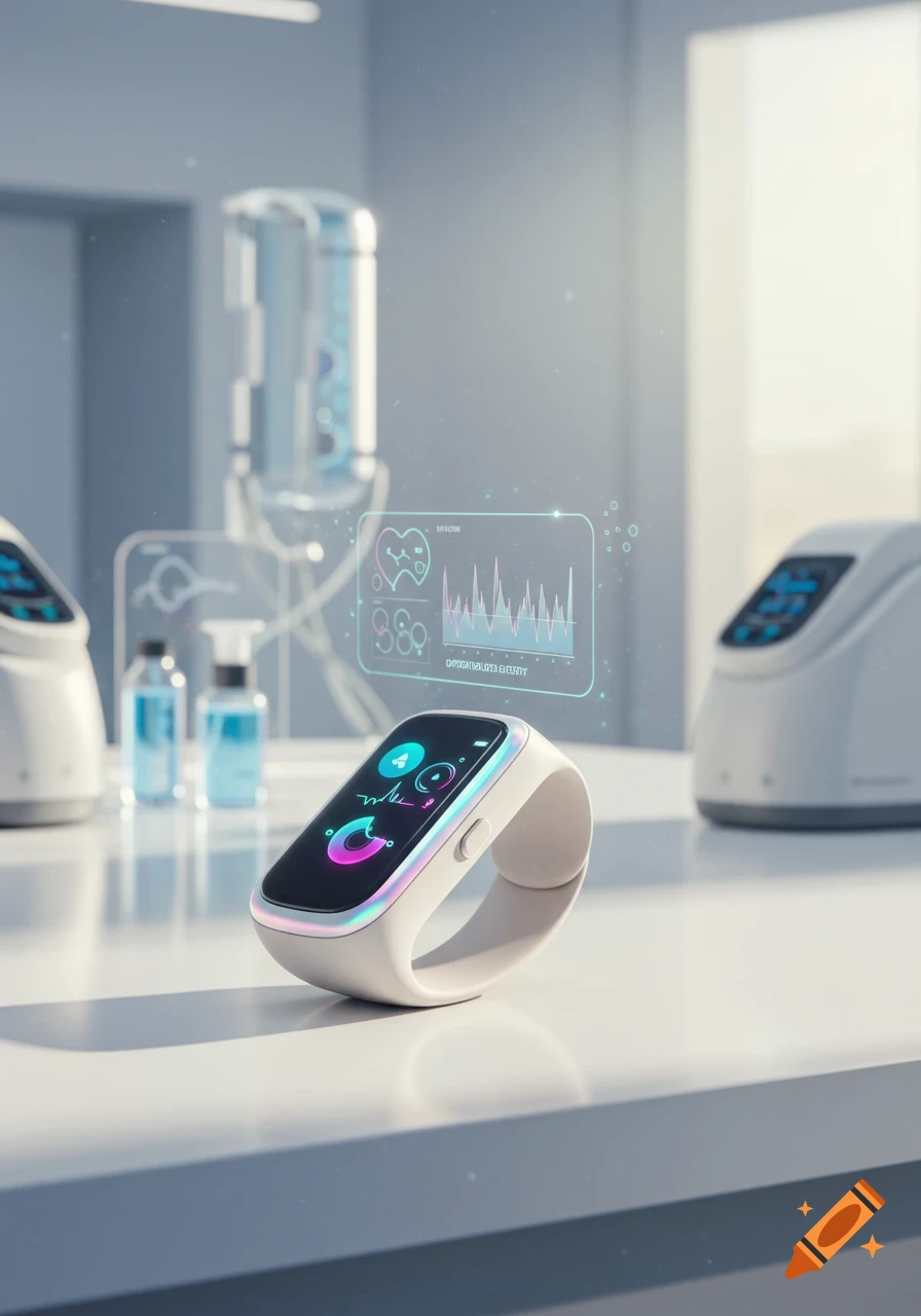 Sleek white smartwatch displaying health data on a holographic screen ...