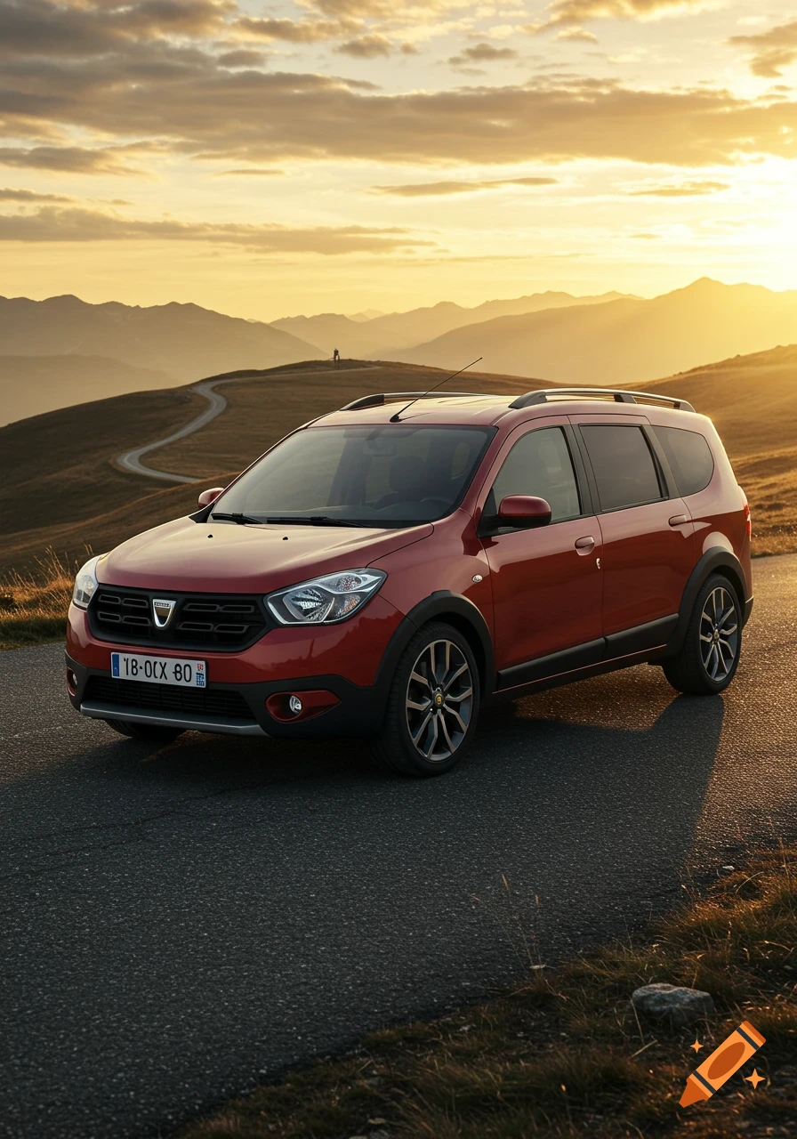 A red crossover vehicle parked on an asphalt road in a mountainous ...