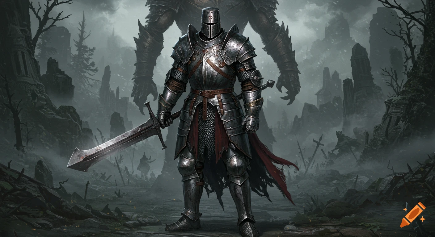A knight in detailed armor with a greatsword stands in a misty, ruined ...