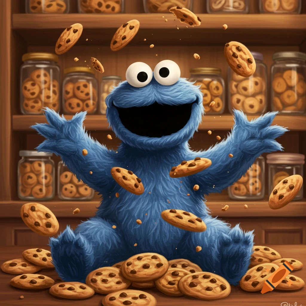 Happy blue Cookie Monster sits among falling chocolate chip cookies ...