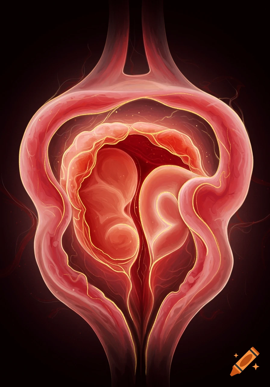 Abstract, glowing illustration of an internal womb, rendered in shades ...