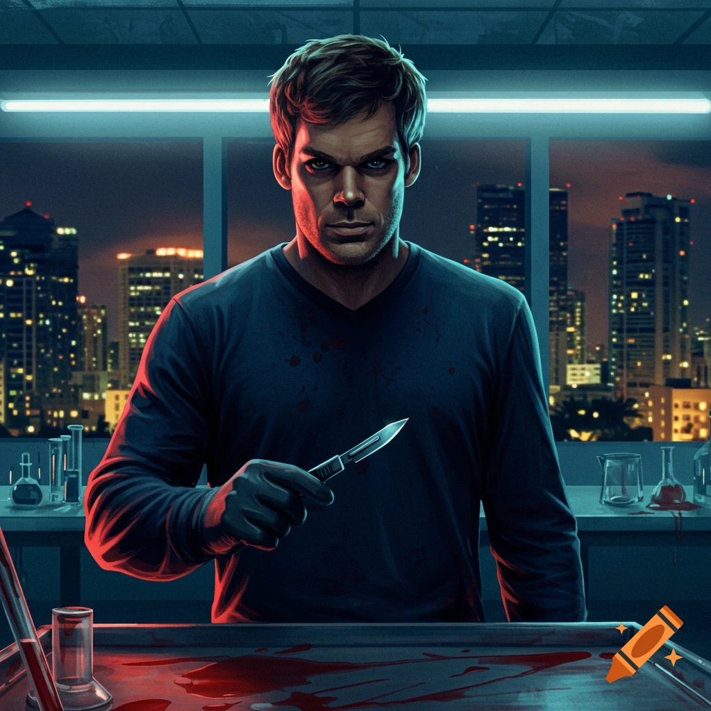 A man resembling Dexter Morgan in a dark room with blood, holding a ...