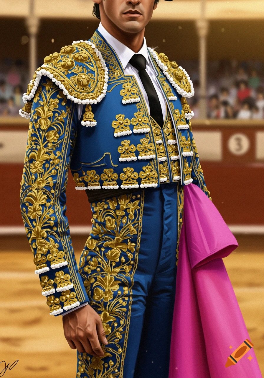 A close-up illustration of a bullfighter in a blue and gold embroidered ...