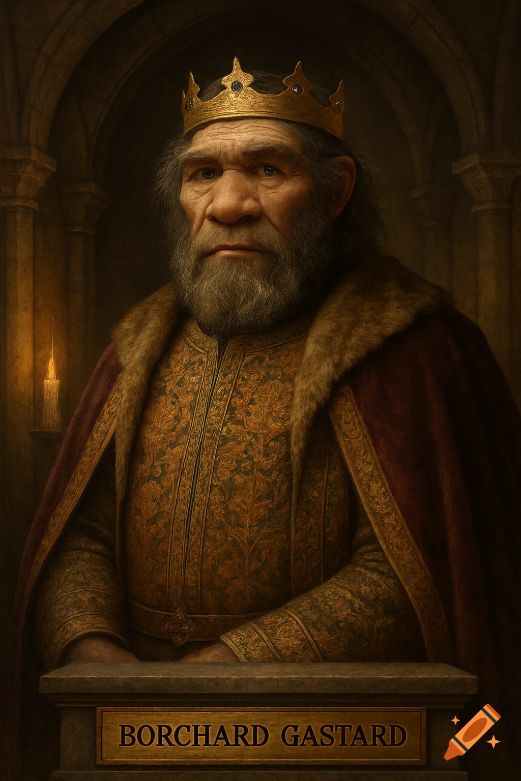 Realistic portrait of a bearded Neanderthal elder wearing a gold crown ...