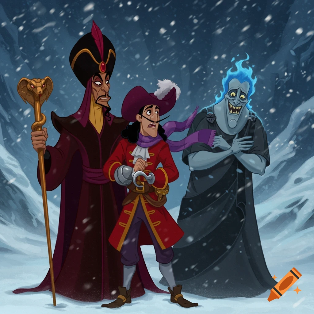 Jafar, Captain Hook, and Hades shiver in a snowy landscape in a cartoon ...