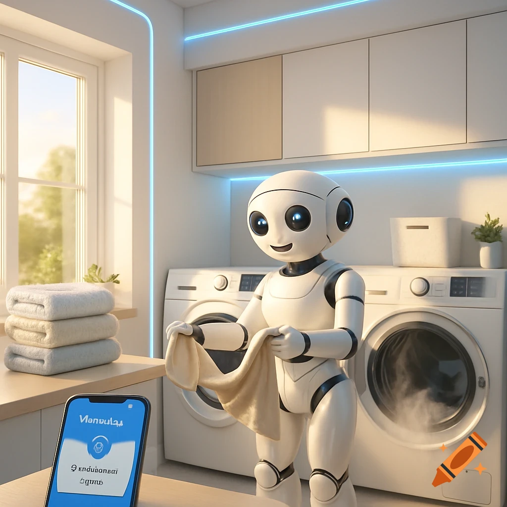 A friendly robot folds laundry in a bright, modern smart laundry room ...