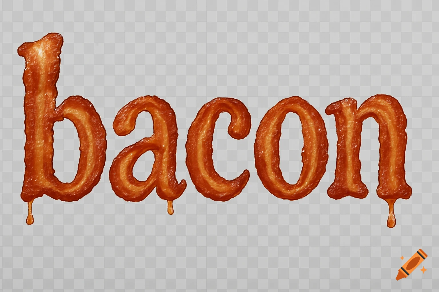 The word "bacon" spelled out in crispy bacon strips with rendered fat ...