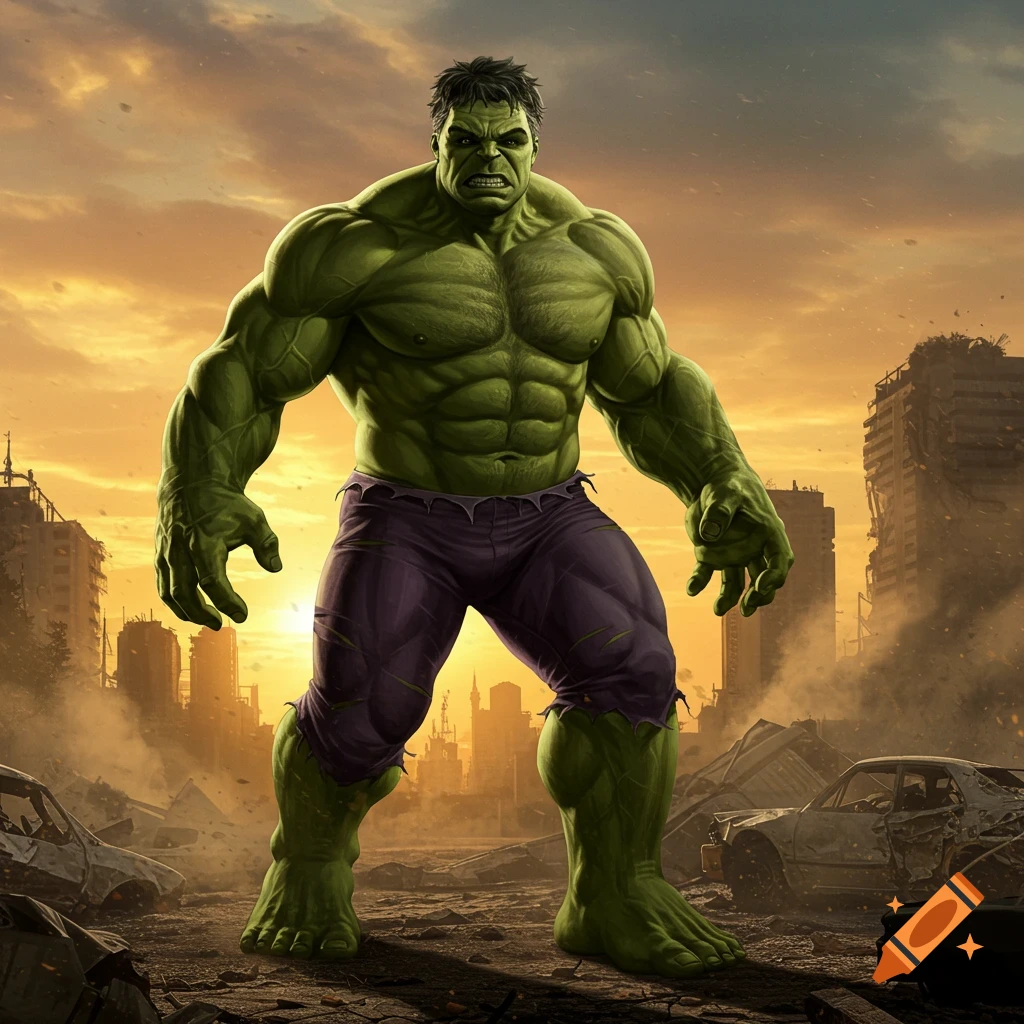The angry, muscular Hulk stands in a destroyed city at sunset, depicted ...