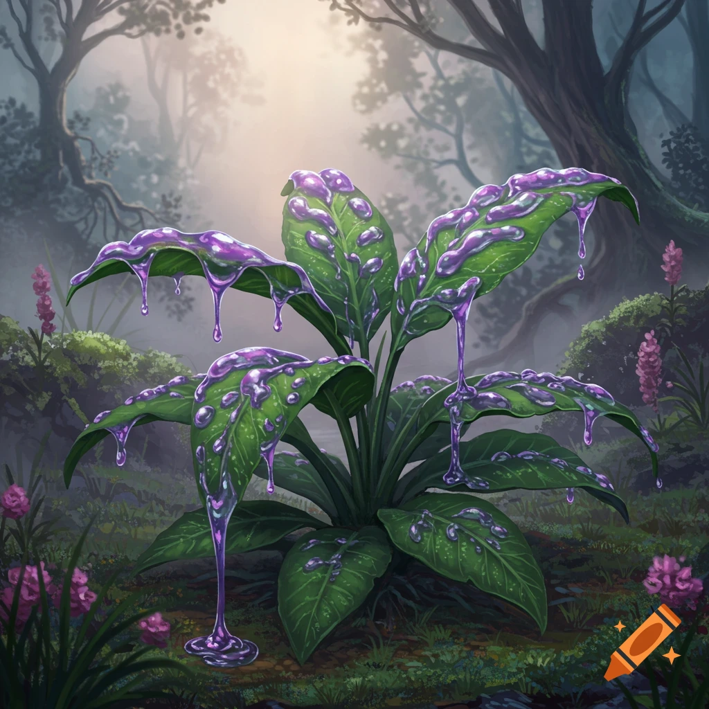 A green plant covered in dripping purple goo in a mystical forest ...