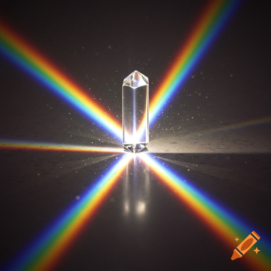 A clear crystal prism refracts light into two intersecting rainbow ...