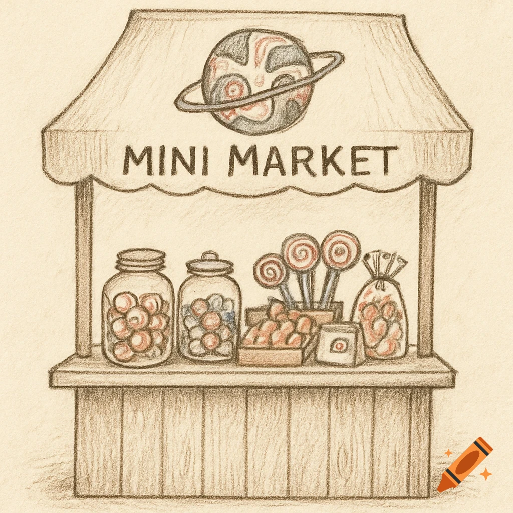 A hand-drawn sketch of a mini market stall selling candy under a sign ...