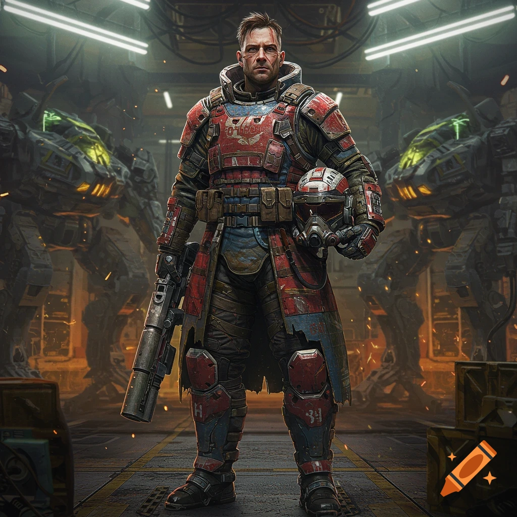 A rugged futuristic mech pilot in worn red and blue armor stands in a ...