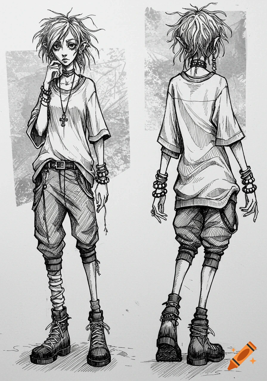 Black and white sketchy illustration of an alternative female character ...