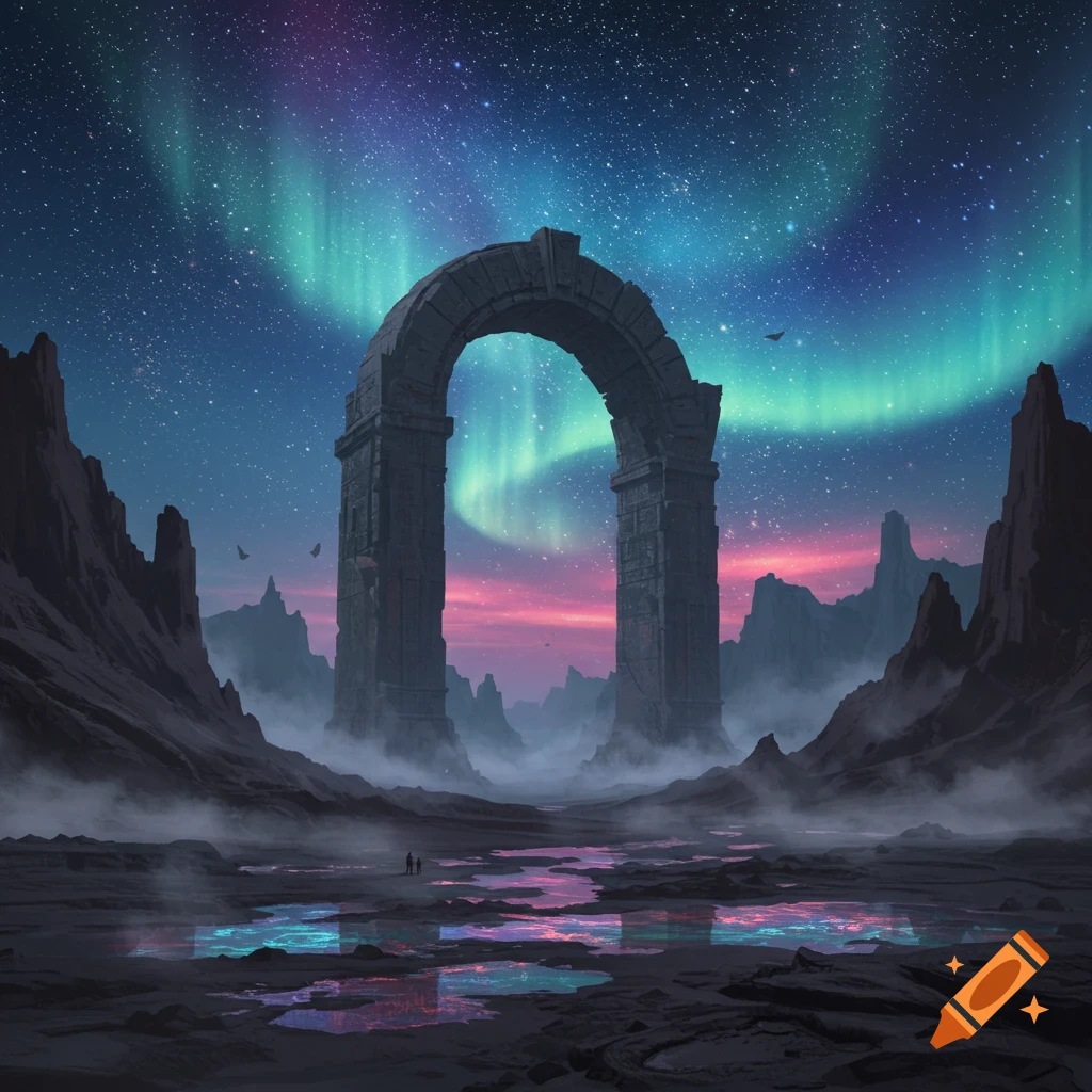 A towering stone arch stands in a desolate landscape under a vibrant ...