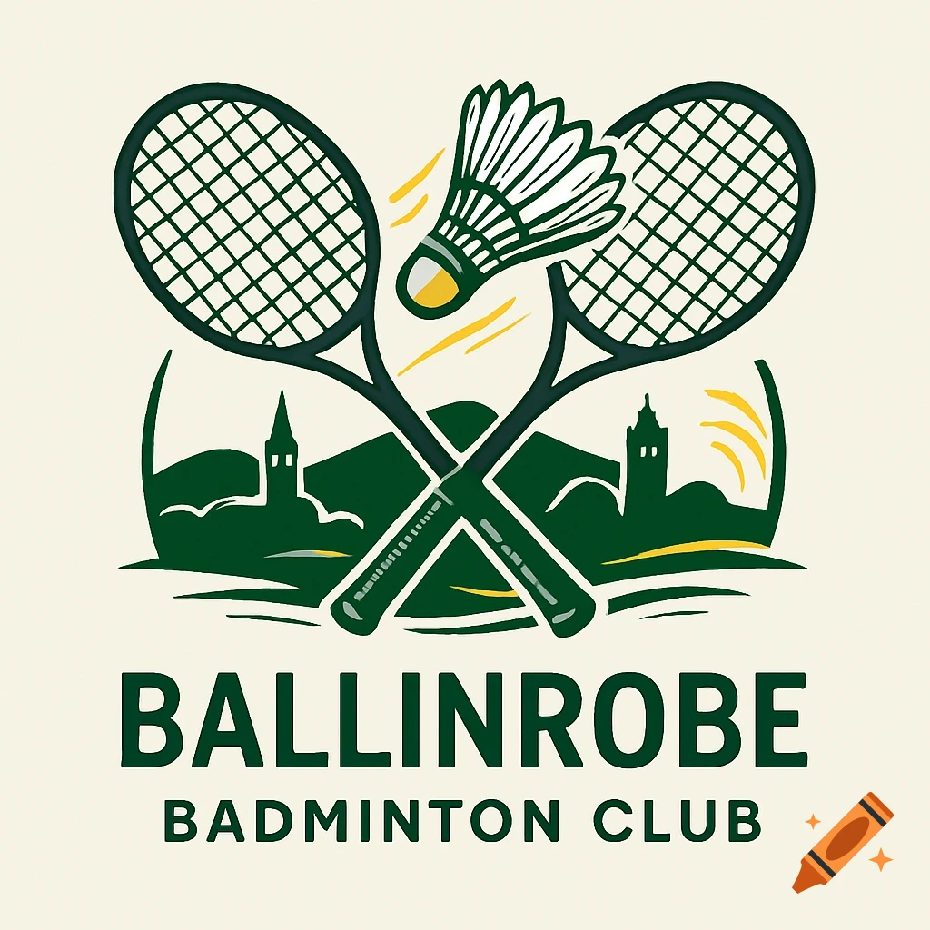 Green logo for Ballinrobe Badminton Club with crossed rackets ...