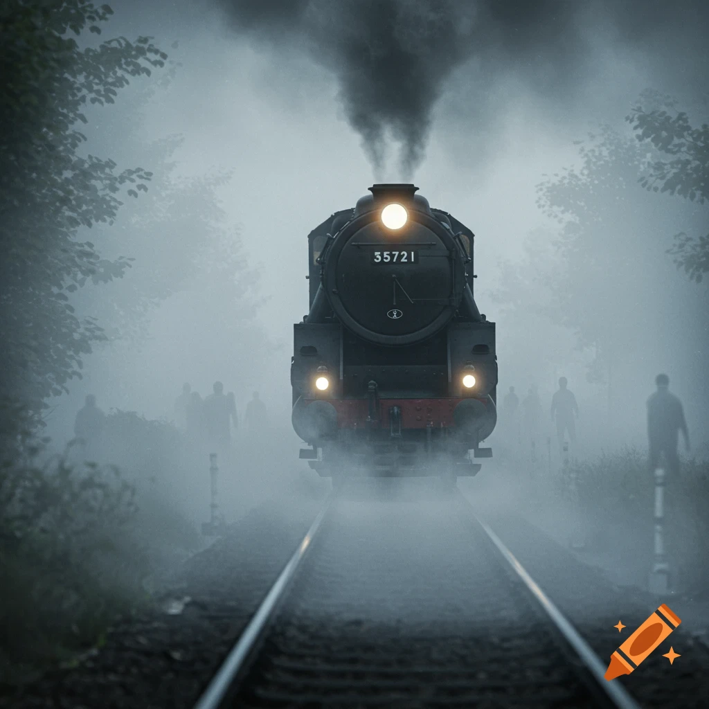 Photorealistic steam train locomotive emerging from thick fog on tracks ...