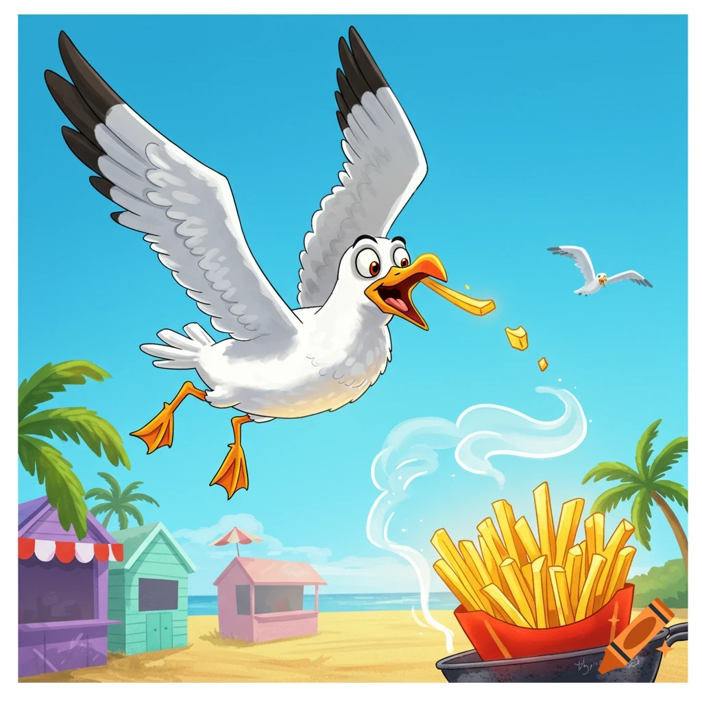 A cartoon seagull flies away, holding a french fry in its beak, while ...
