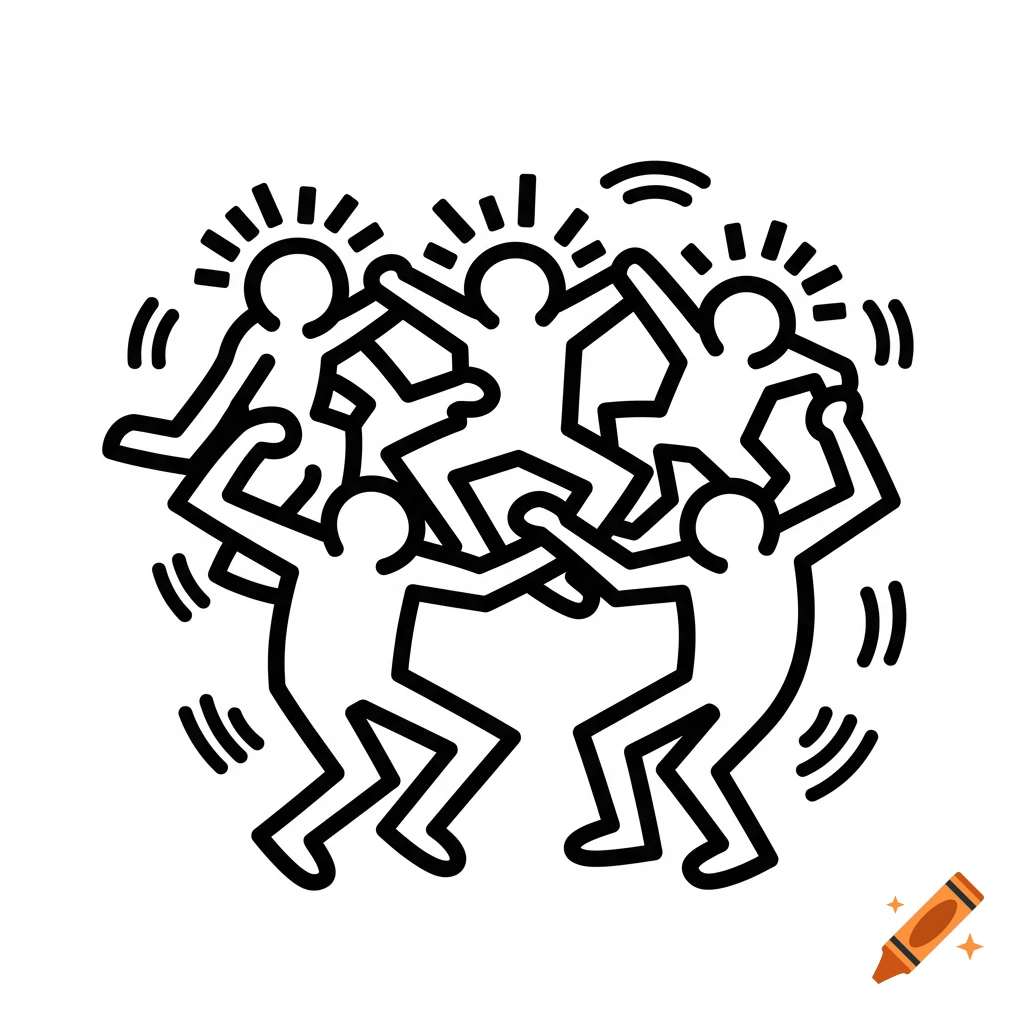 Black and white Keith Haring style illustration of five stylized ...