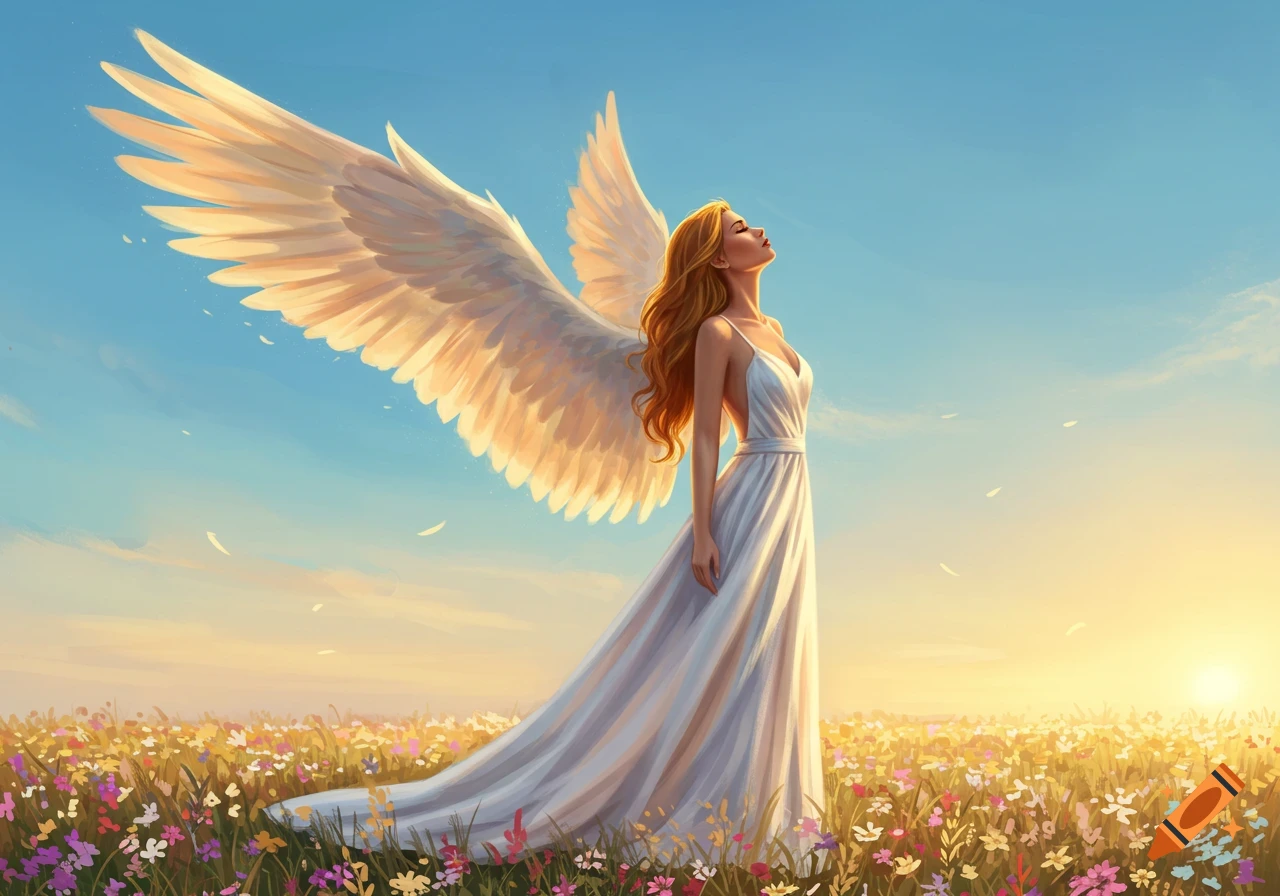 An angelic woman with long blonde hair and large white wings stands in ...