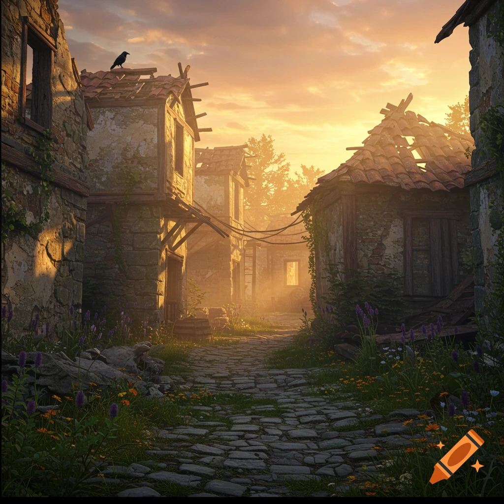 A cobblestone path winds through an old, overgrown village at sunset ...