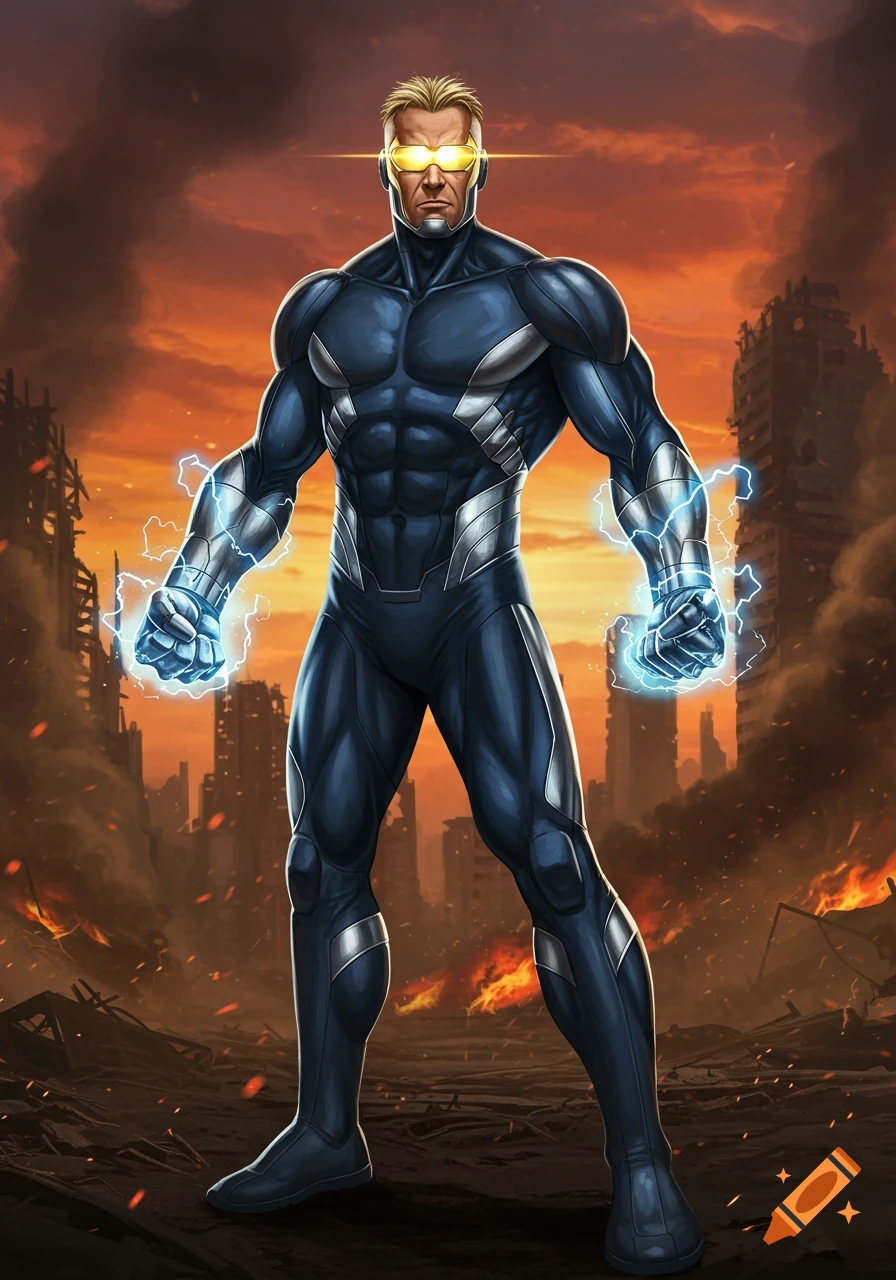 A male superhero with blond hair, glowing yellow eyes, and electricity ...