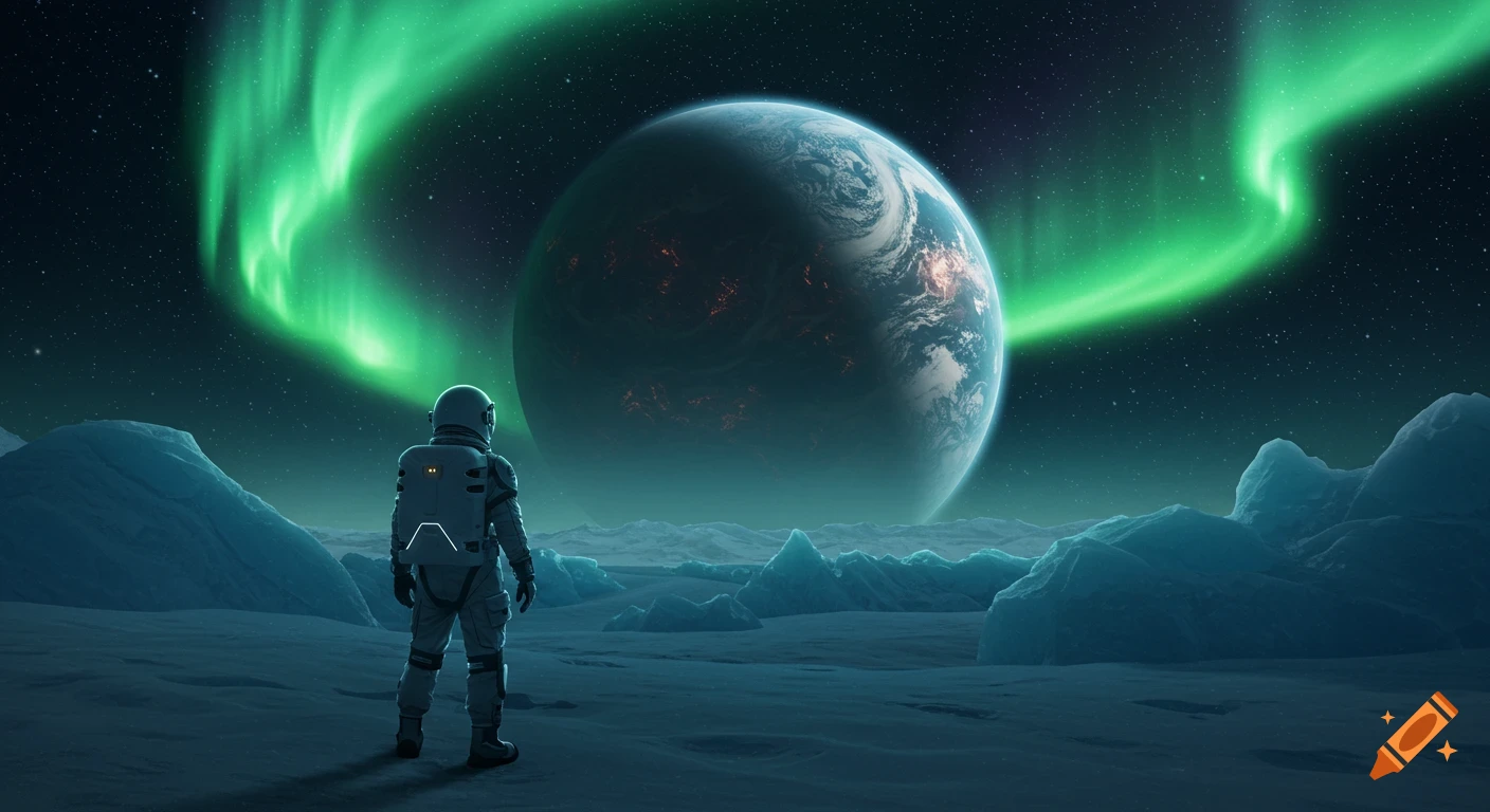 An astronaut stands on a desolate, icy moonscape, looking up at a ...