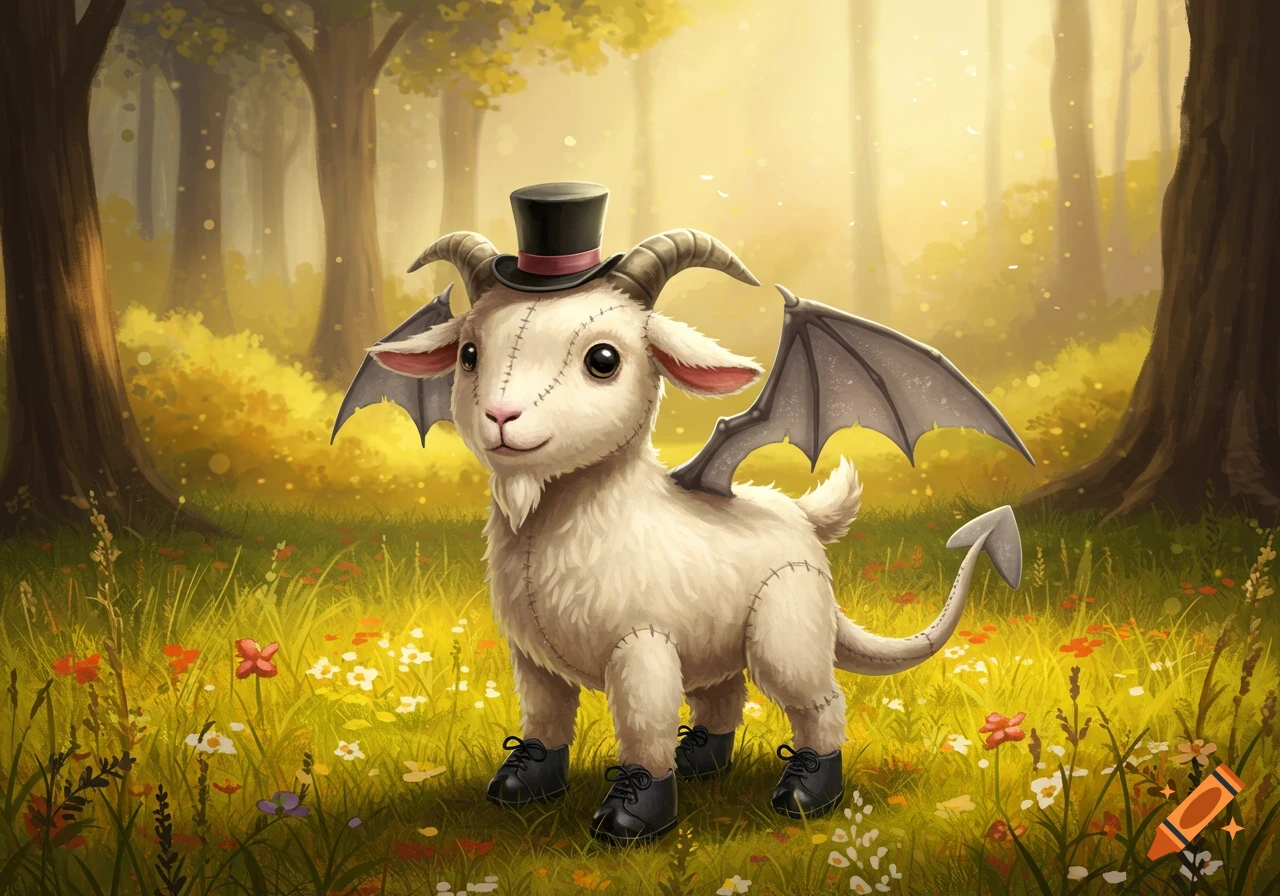 A whimsical, stuffed puppet goat with a top hat, grey dragon wings, a ...