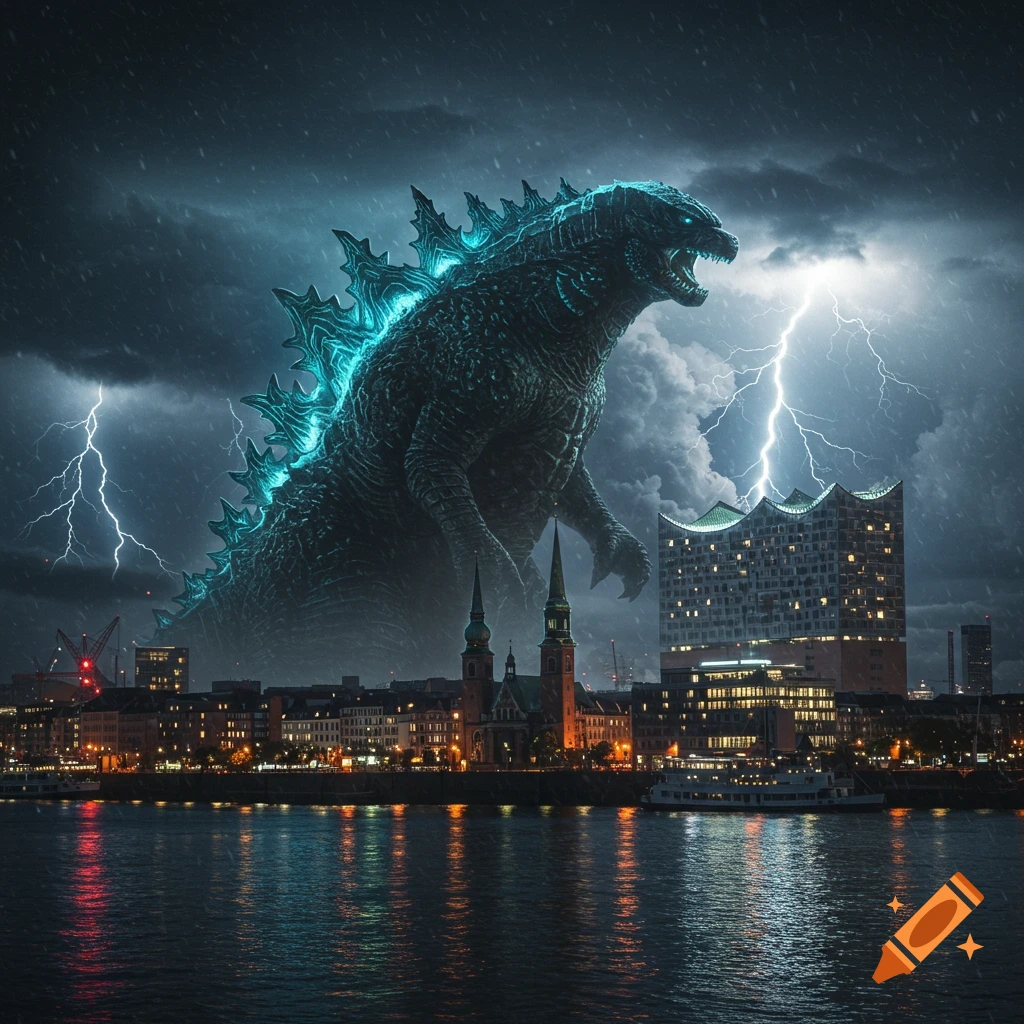 Giant Godzilla glows under lightning in a dramatic night shot of the ...