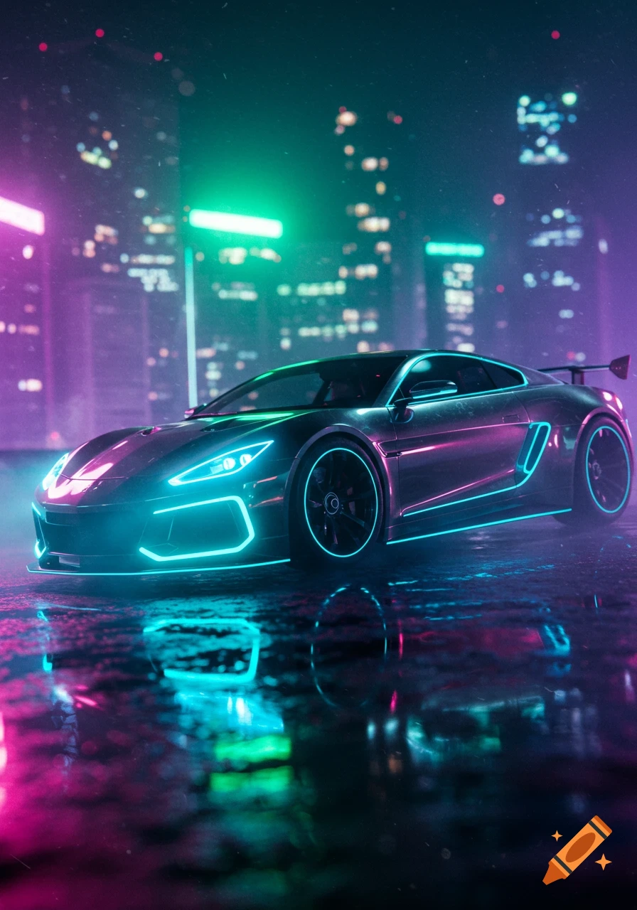 A sleek sports car with glowing neon turquoise and magenta accents sits ...