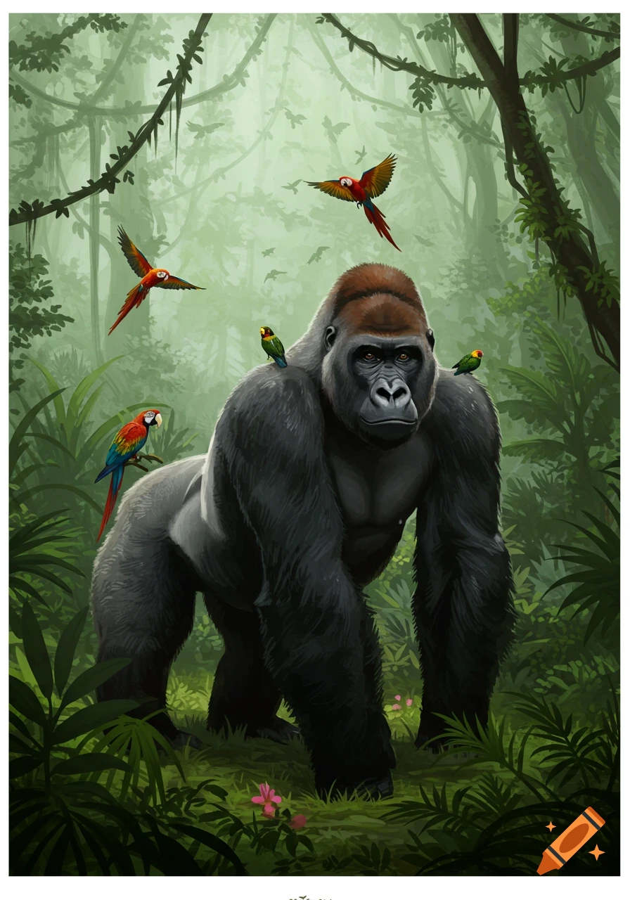 A powerful gorilla stands in a lush green jungle, surrounded by ...