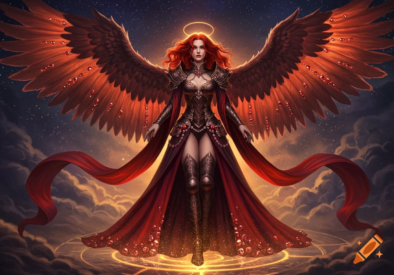 A majestic red-haired angel with large dark wings and a jeweled red ...