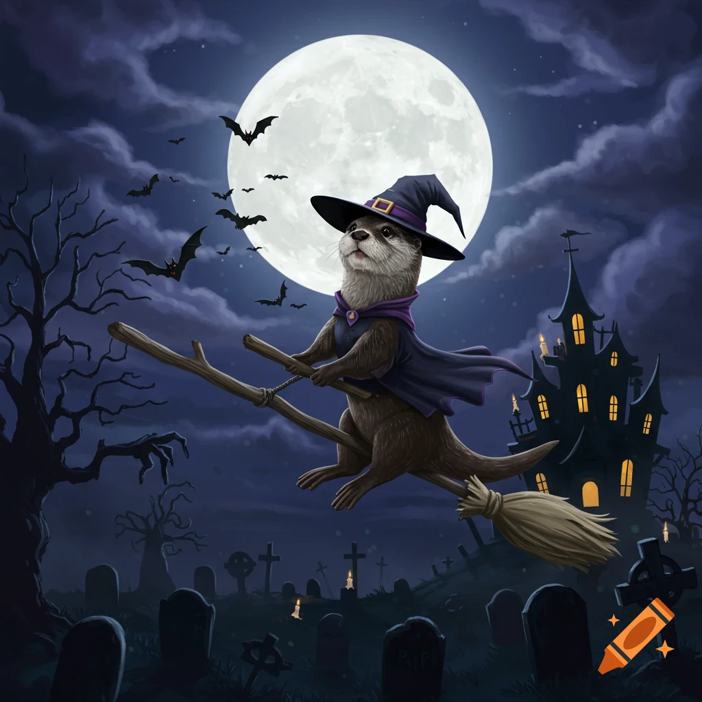 An illustration of a witch otter flying on a broomstick under a full ...