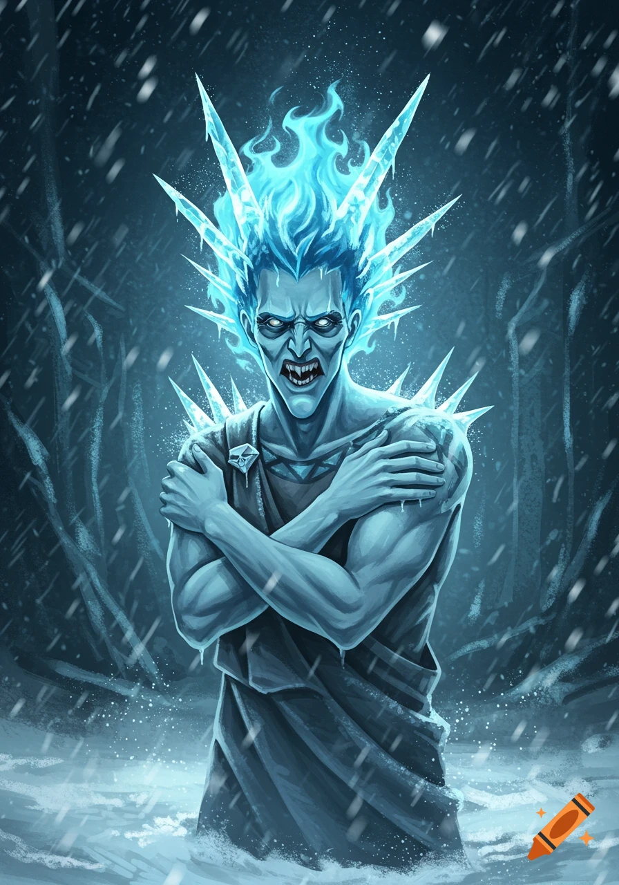 Fantasy illustration of a shivering Hades, arms crossed, with ice ...