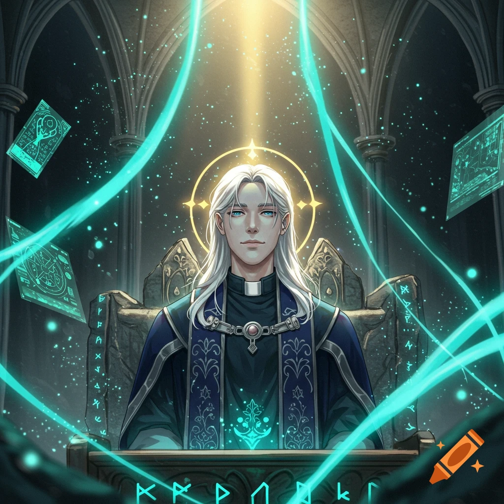 Anime-style white-haired male priest in a blue robe sits on a throne ...