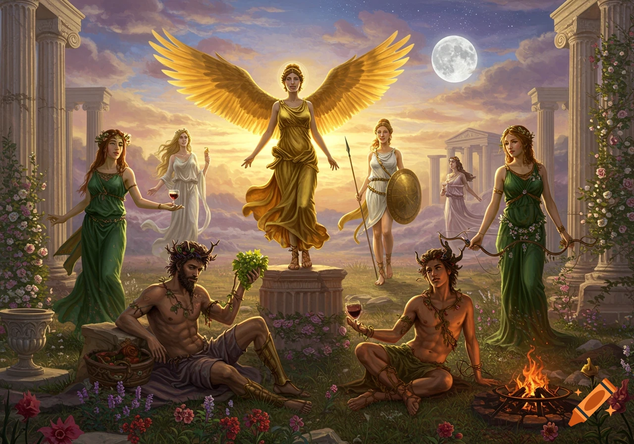 A vibrant mythological scene with a winged goddess central, surrounded ...
